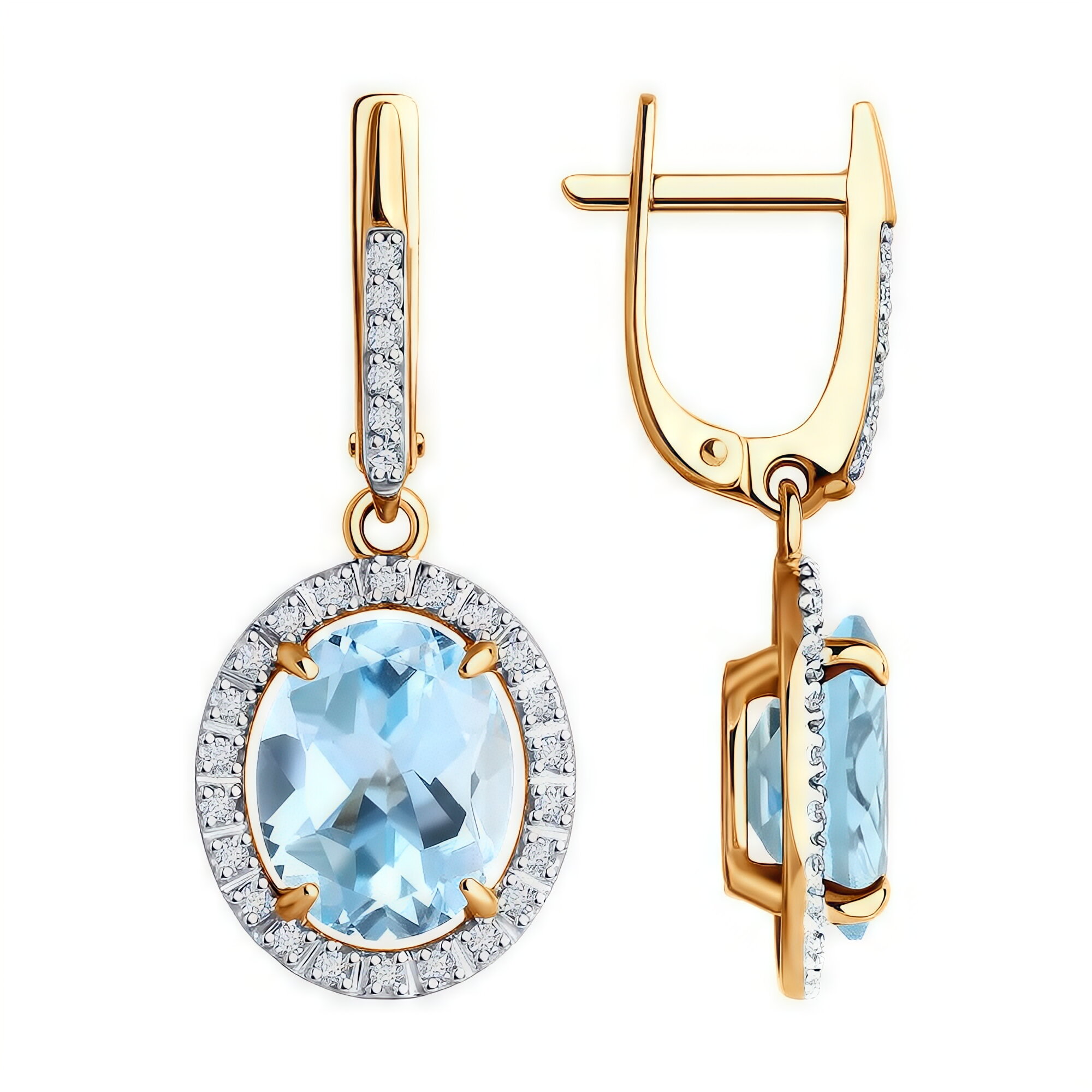 Серьги, красное золото, 585 проба, фианит, топаз