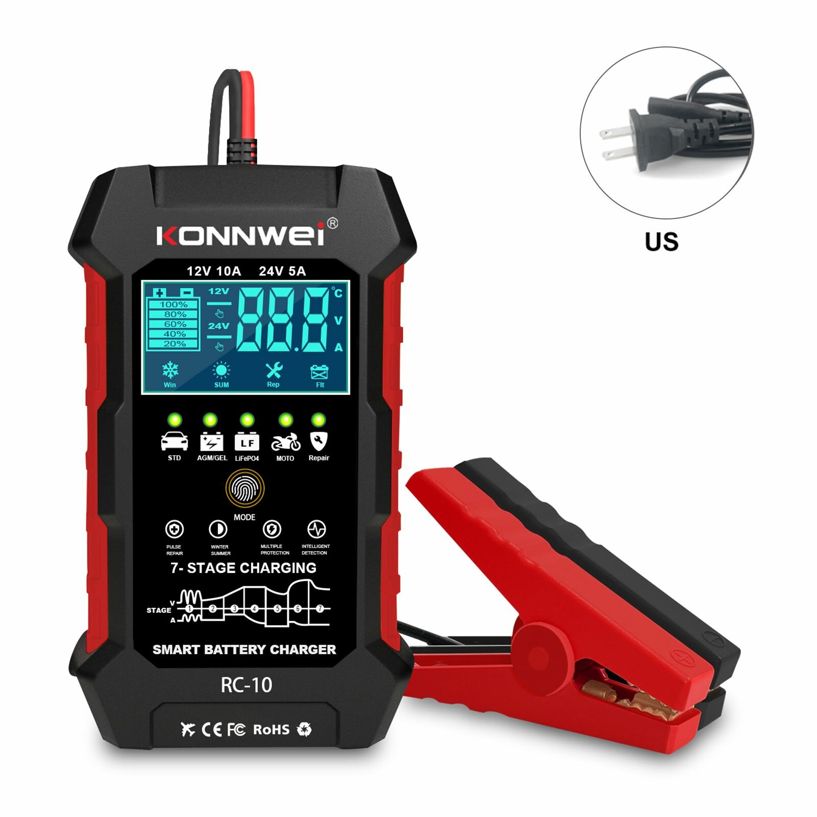 Konnwei RC-10 12V 10A и 24V 5A Зарядное устройство для аккумуляторов Импульсный