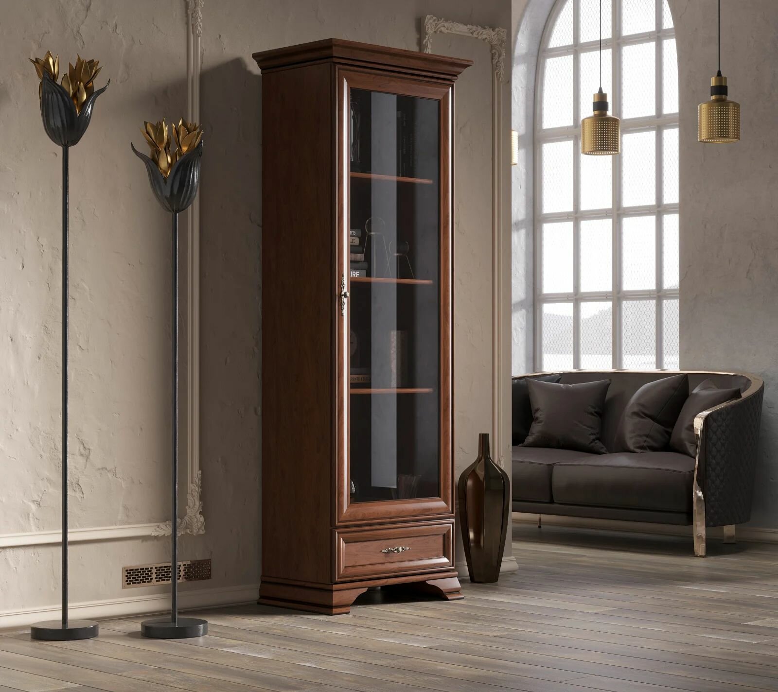 Шкаф-витрина Kentaki REG1W1S каштан, стеклянный, 1 дверь, 4 полки, для посуды, в прихожую