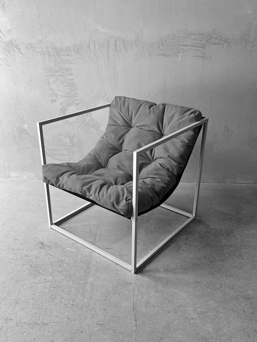 Кресло мягкое удобное для отдыха, уличное, на балкон, на веранду, в стиле лофт, минимализм, Лофтовик + серый велюр