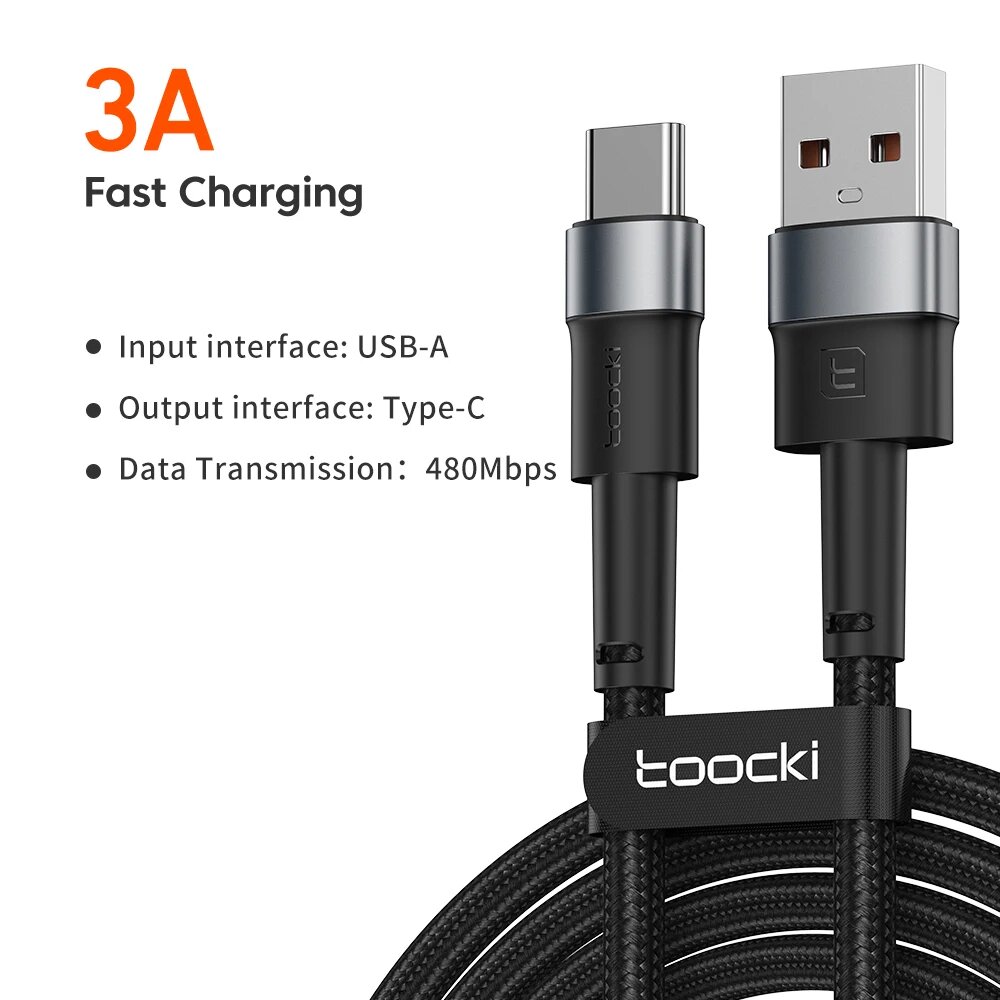 Toocki USB-C кабель 3A, 3 м, черный