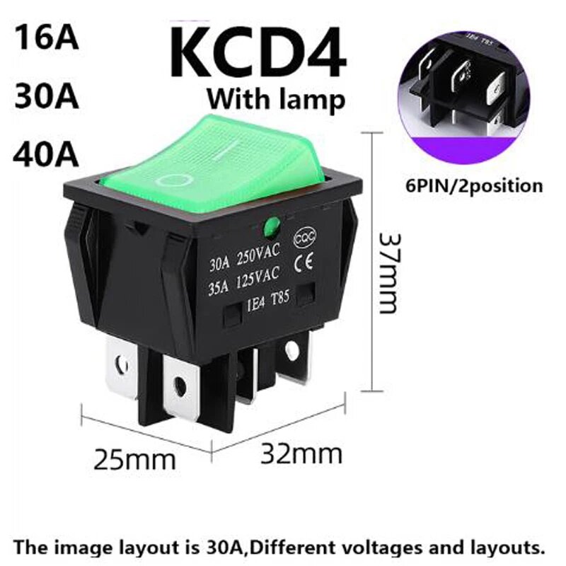 Переключатель KCD4 для сварочного аппарата 2Position 6PIN Green, 30A