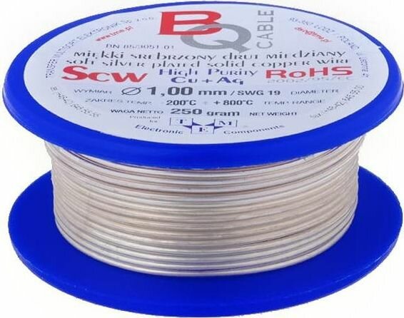 Проволока посеребренная медная BQ CABLE SCW-1.00/100 1мм 100г Cu, посеребренный 14м 1 рулон