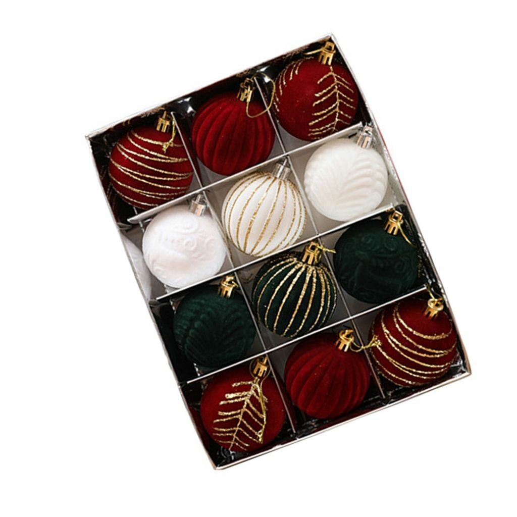 Праздничное оформление, Велюровые раскрашенные шары для украшения елки - тройной набор белого цвета, 1 коробка 12 штук