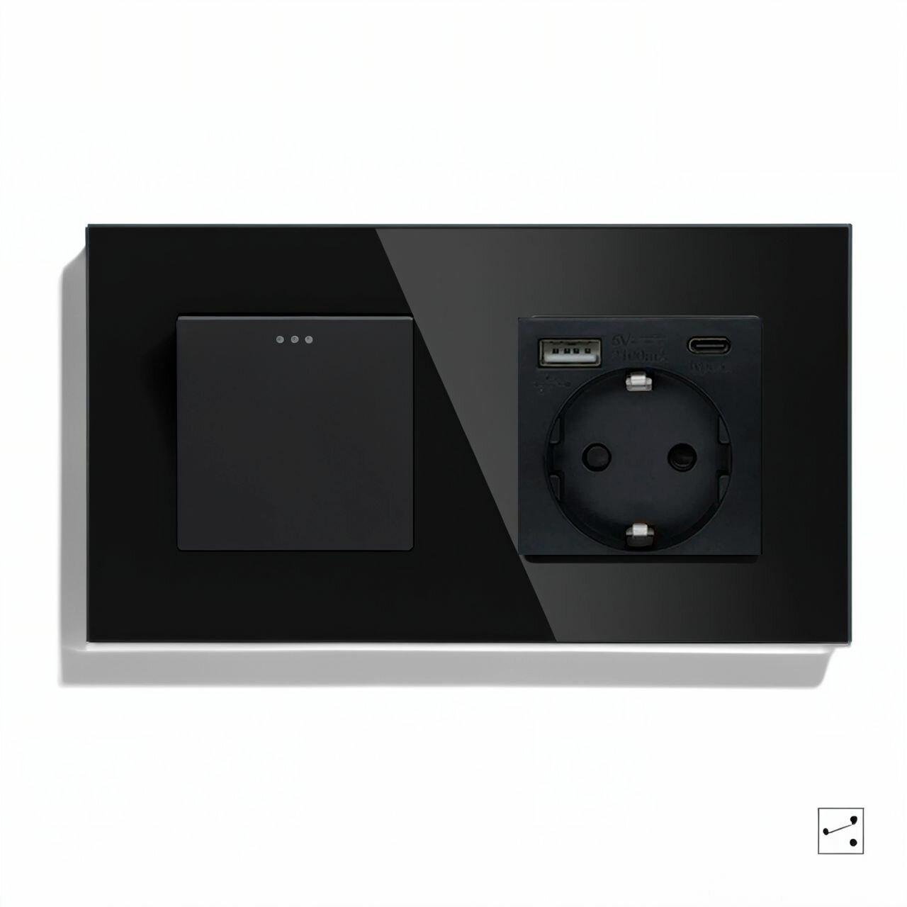 Выключатель с розеткой MVAVA, одноклавишный, USB Type-C, 1 розетка, 2 поста, стекло, черный