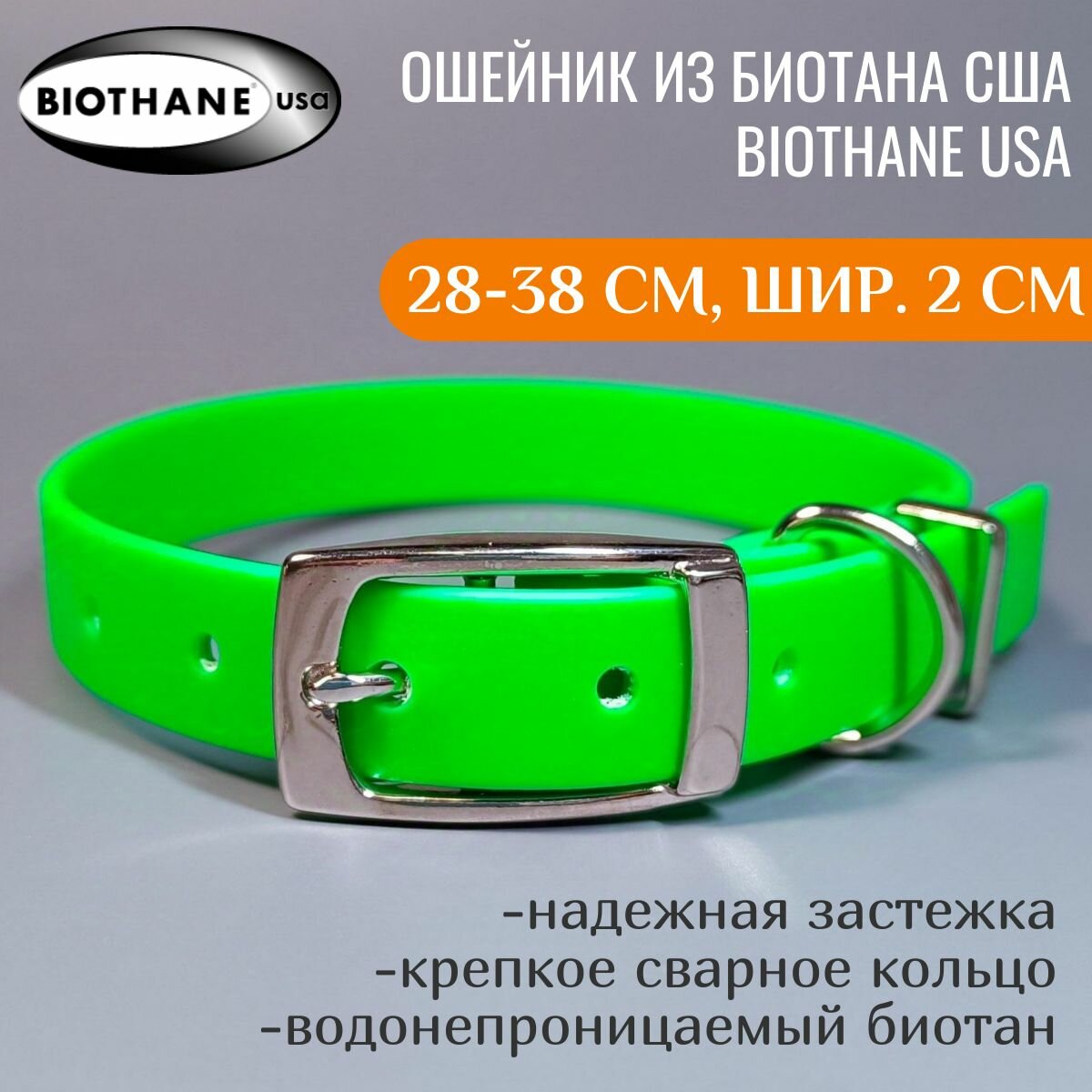 R-Dog Ошейник из биотана (Biothane USA), металлическая пряжка, цвет салатовый, длина 28-38 см, ширина 2 см