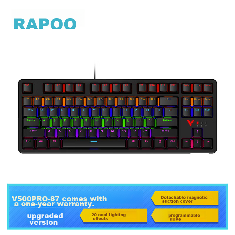 Проводная механическая клавиатура с подсветкой Rapoo V500PRO-87, черная, 87 клавиш, коричневый переключатель