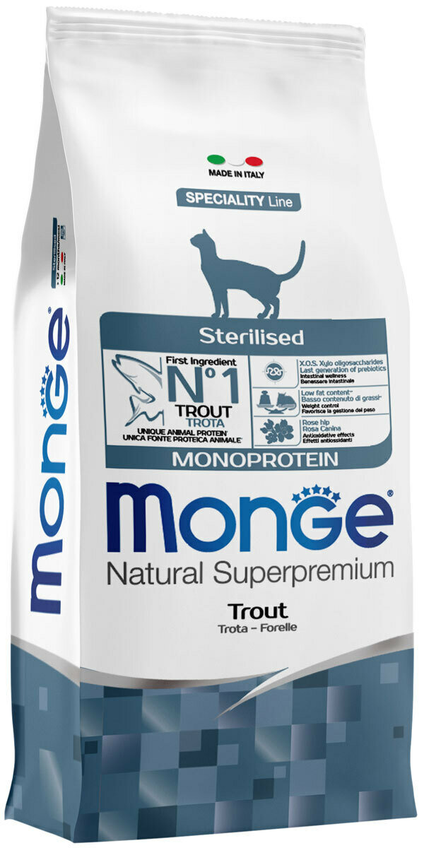 Сухой корм MONGE SPECIALITY MONOPROTEIN CAT STERILISED монобелковый для взрослых кастрированных котов и стерилизованных кошек с форелью (1,5 кг)