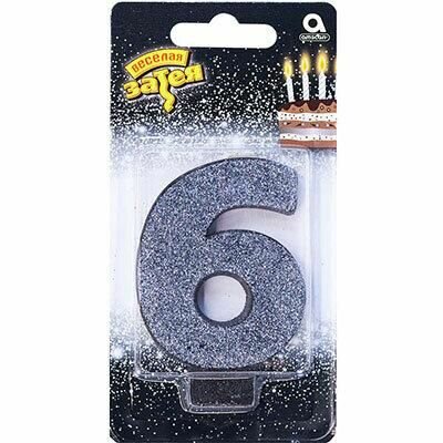 Свеча для торта Веселая затея "Цифра 6", черная, глиттер, 8 см