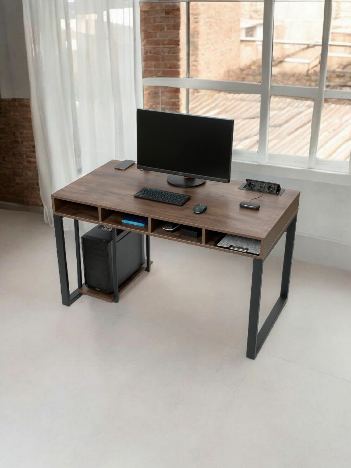 Стол компьютерный, письменный в стиле лофт со встроенной выдвижной розеткой USB-хабом и беспроводной зарядкой HomeExpert V1, Таксония темная, левый 1300х700х750(h)