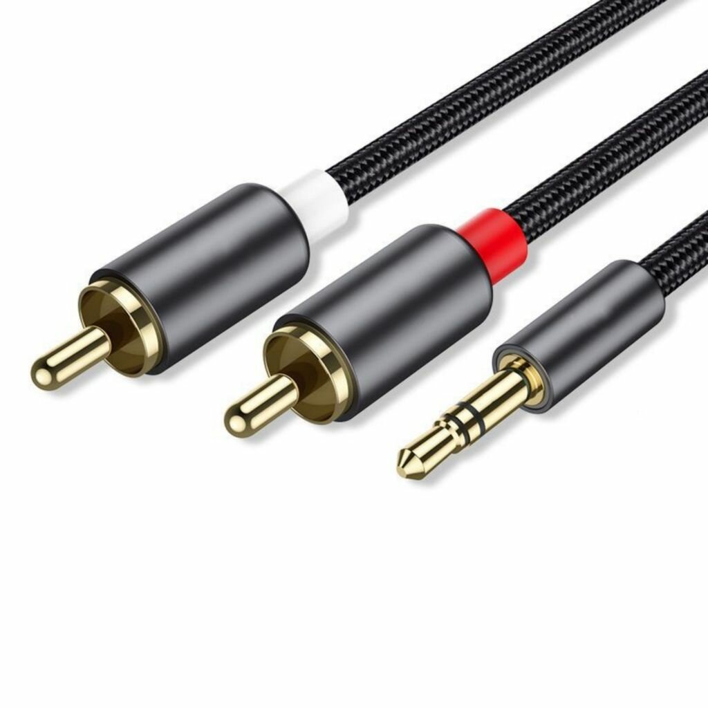 Кабель для передачи данных, Позолоченный 3.5mm AUX наушниковый разъем к 2RCA высококачественный аудиокабель - 2 м - серый прямой