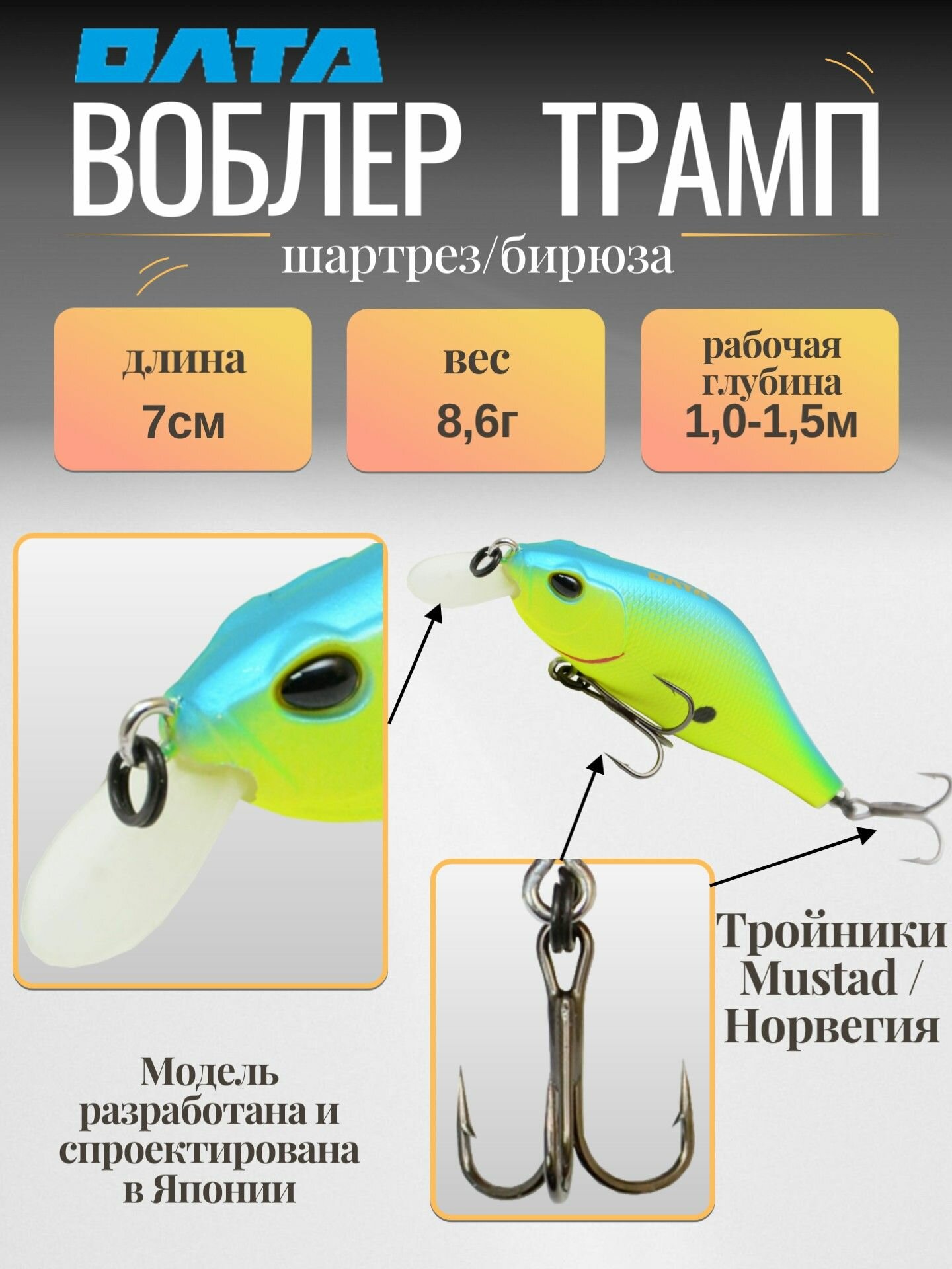 Воблер трамп Олта шартрез/бирюза/Олта/, 7.0см, 8.6гр, суспендер, 1,0-1,5м, кр. Mustad — фото 1