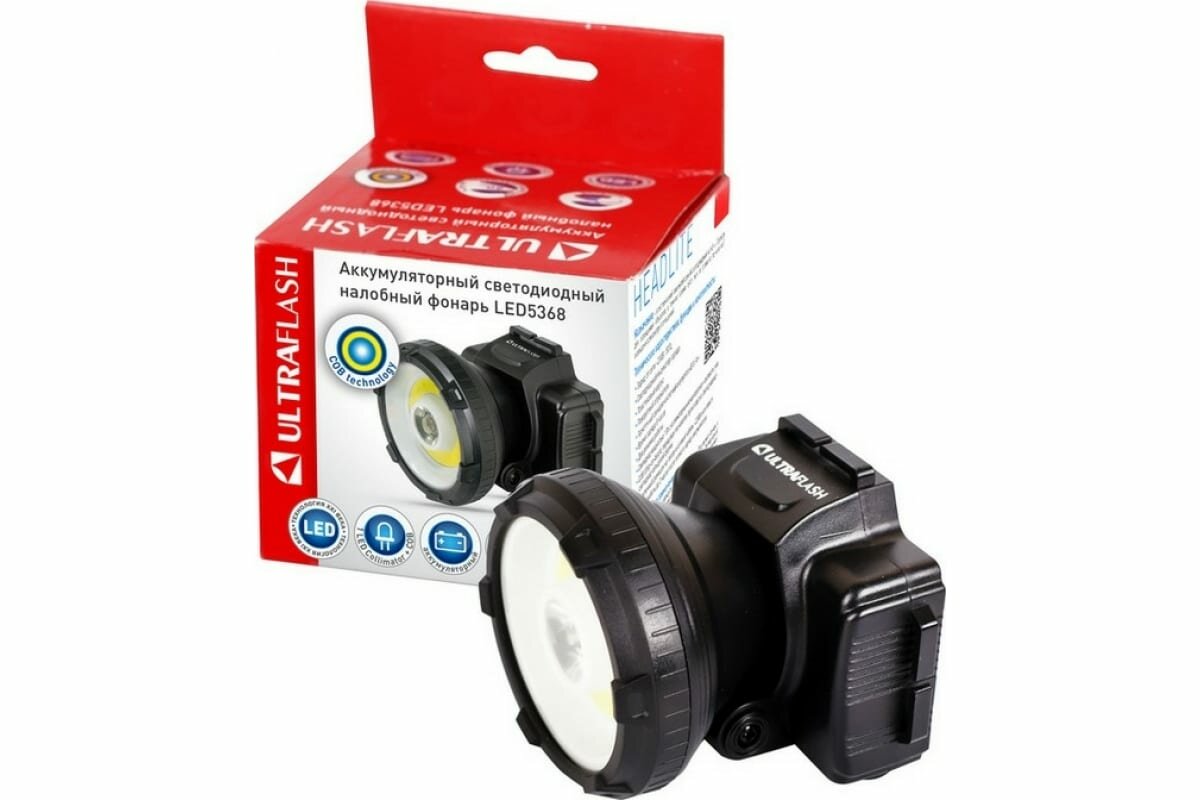 Ultraflash LED5368 налобный аккумуляторный фонарь 220В черный LED+1,5Ватт COB, 2 режима 1 Вт