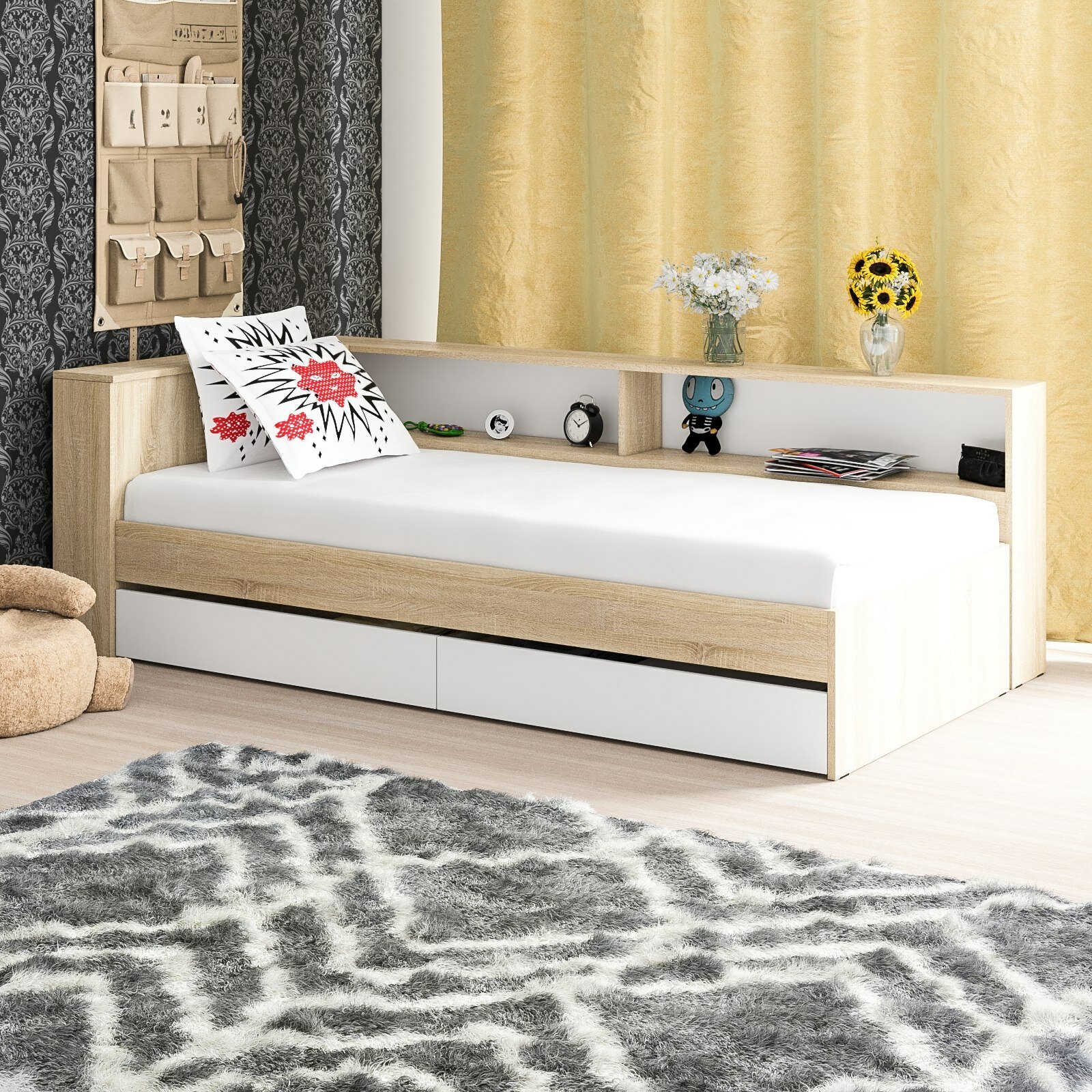 Кровать СВК Ксения 900 с ящиками и прикроватным блоком, цвет дуб сонома/белый, ШхГхВ 118х221,6х72 см.