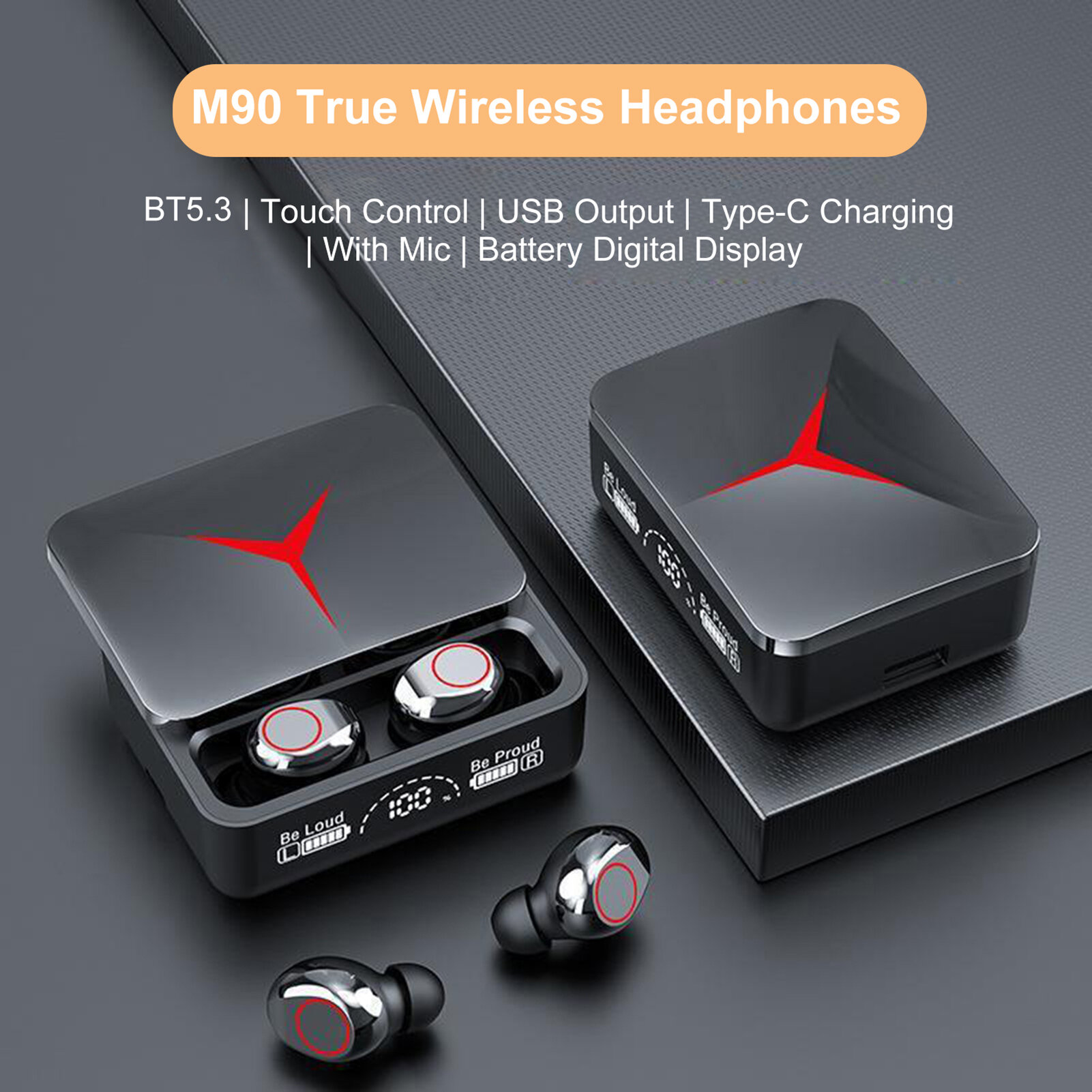M90 True Wireless Наушники Bluetooth 5.3 Спортивная гарнитура Сенсорное управление Музыкальные наушники Мини-вкладыши с микрофоном Зарядный чехол Аккумулятор Цифровой дисплей Выход USB