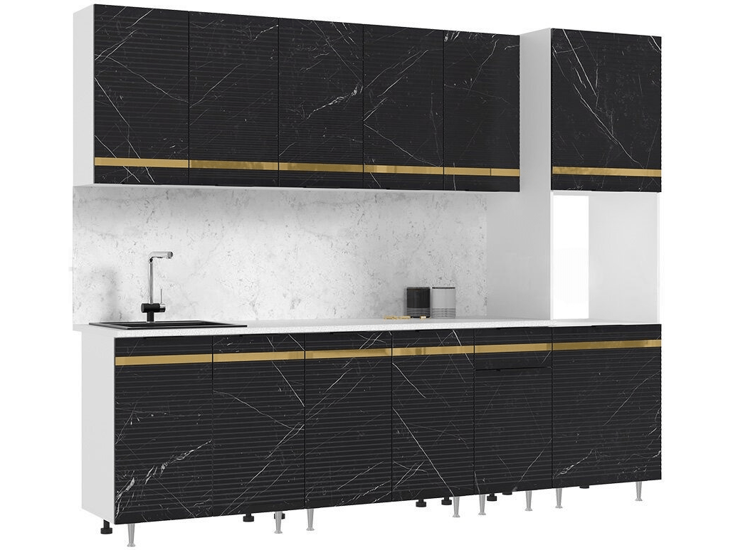 Кухонный гарнитур с фасадами МДФ, 2600 (Белый, Мрамор блэк софт, Антарес)