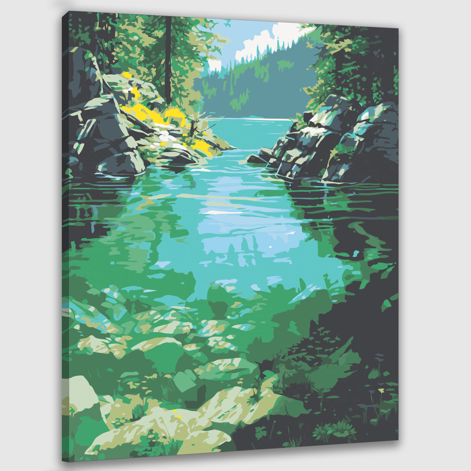 Картина по номерам 40x50 см, озеро, вода, камни, растения, зелень, прозрачность, спокойствие, кристальная