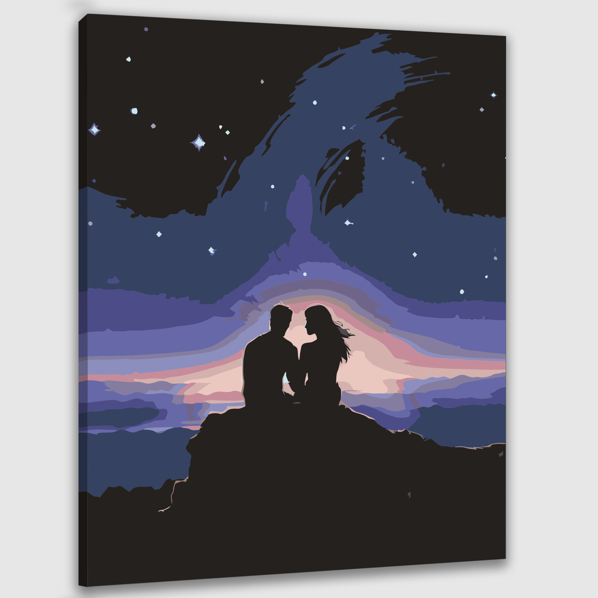 Картина по номерам 40x50 см, иллюстрация, пара, горная вершина, полная луна, звездное небо, силуэты, объятия, пейзаж