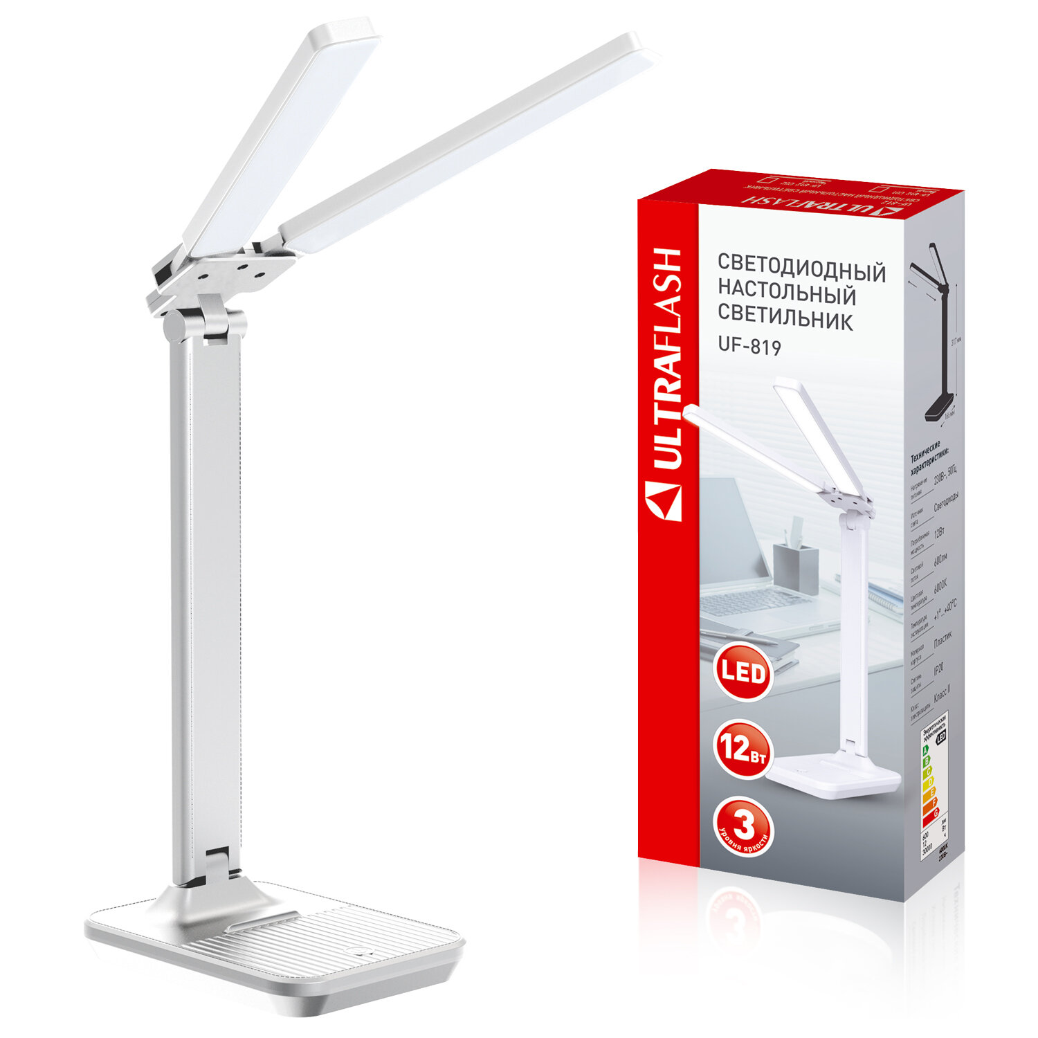 Лампа настольная Ultraflash UF-819 белая, светодиодная, 12Вт, 6000К, 3 уровня яркости, 2 плафона, имитация кожи
