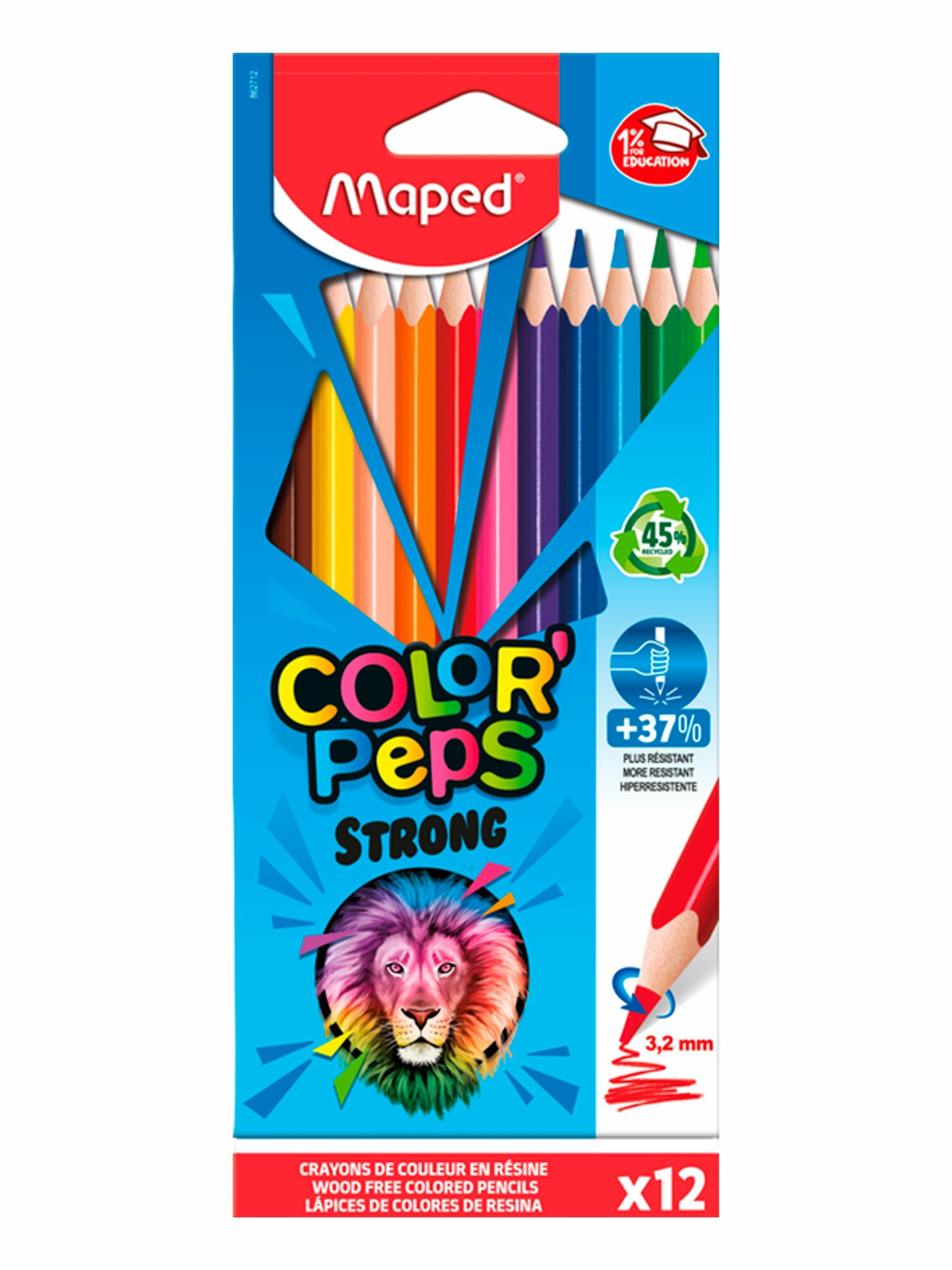 Цветные карандаши MAPED "COLOR'PEPS STRONG", 12 цветов, пластиковые, трехгранная форма