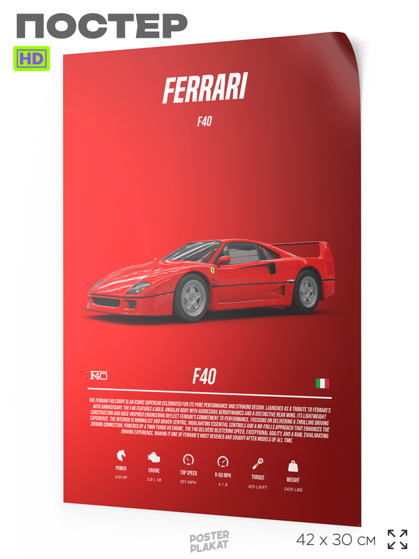 Постер на стену с машинами, Ferrari F40, авто Феррари, для интерьера, А3 (420х297 мм), Постер Плакат