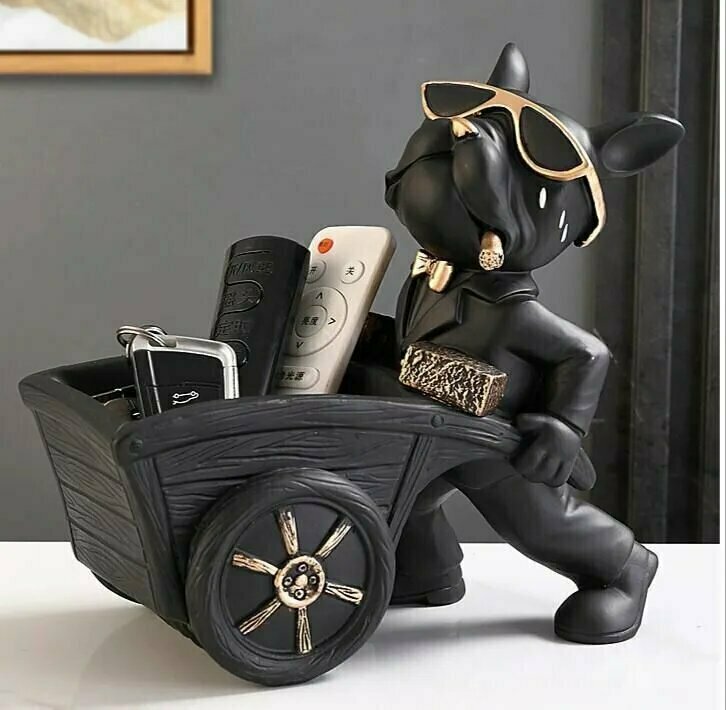 Статуэтка интерьерная французский бульдог с тачкой в современном стиле, декоративная подставка для мелочей, конфетница, собака с подносом,22, черный