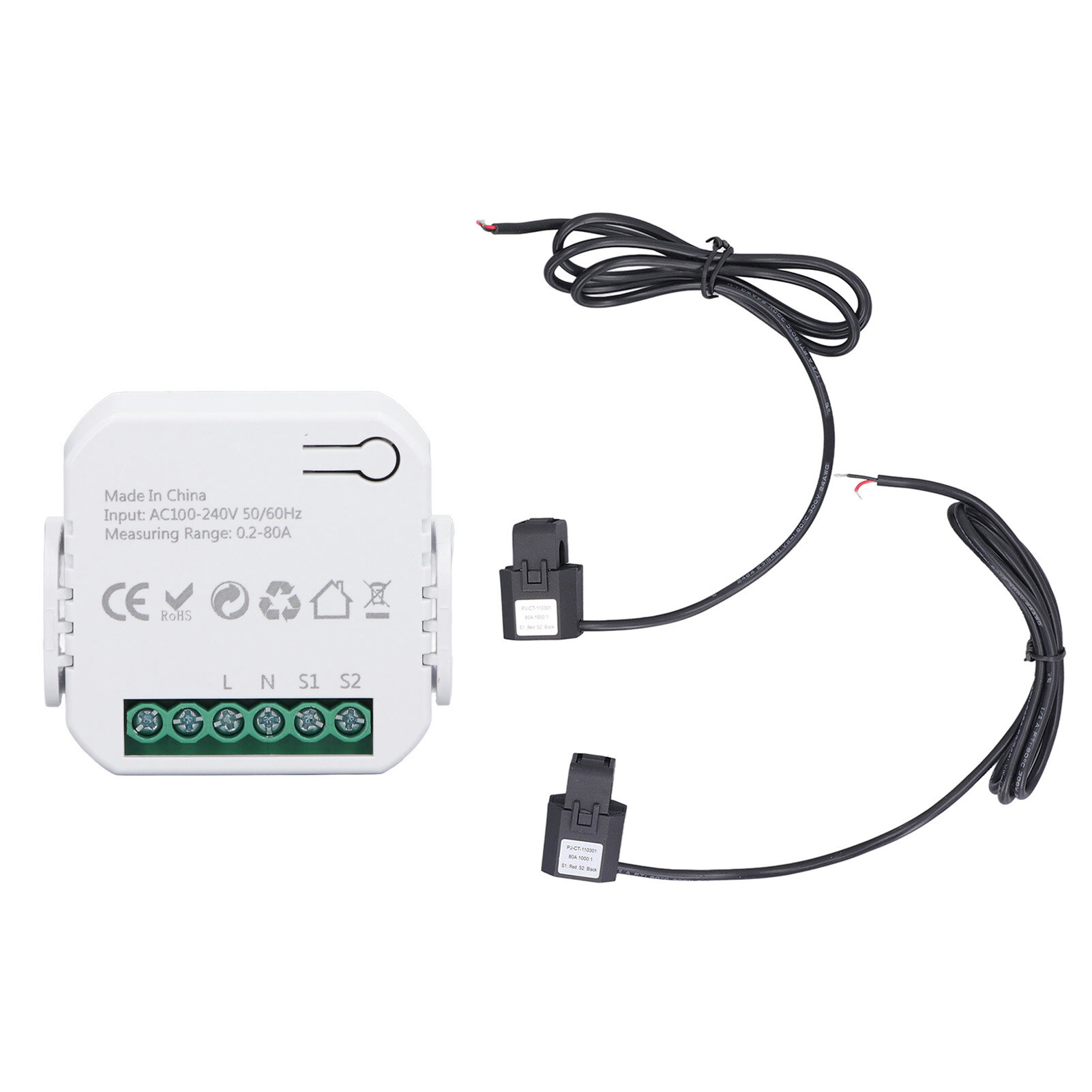 Умный счетчик электроэнергии с функцией мониторинга потребления электроэнергии в режиме реального времени через приложение, с трансформатором тока 2x80А, AC100‑240В, черный.