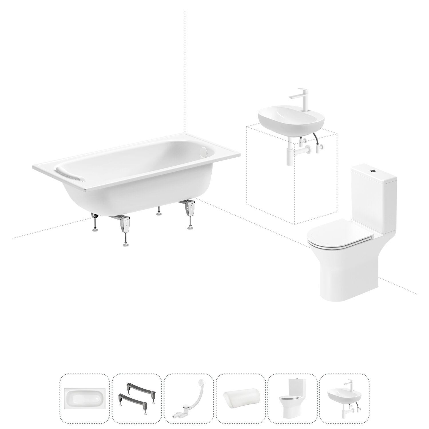 Стальная ванна 130х70 Sanitana BLB Europa 20220602R в наборе 6 в 1: металлическая ванна 130 х 70 см, ножки, слив-перелив, подголовник, унитаз, раковина с комплектом для подключения