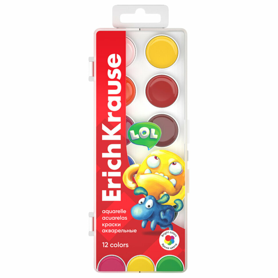 Краски акварельные ERICH KRAUSE "Jolly Friends", 12 цветов, пластиковый пенал, европодвес, 61366, 192702