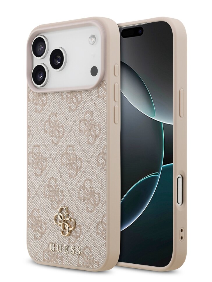 Guess чехол с MagSafe для iPhone 17 Pro, PU кожа с принтом 4G, металлический логотип, розовый