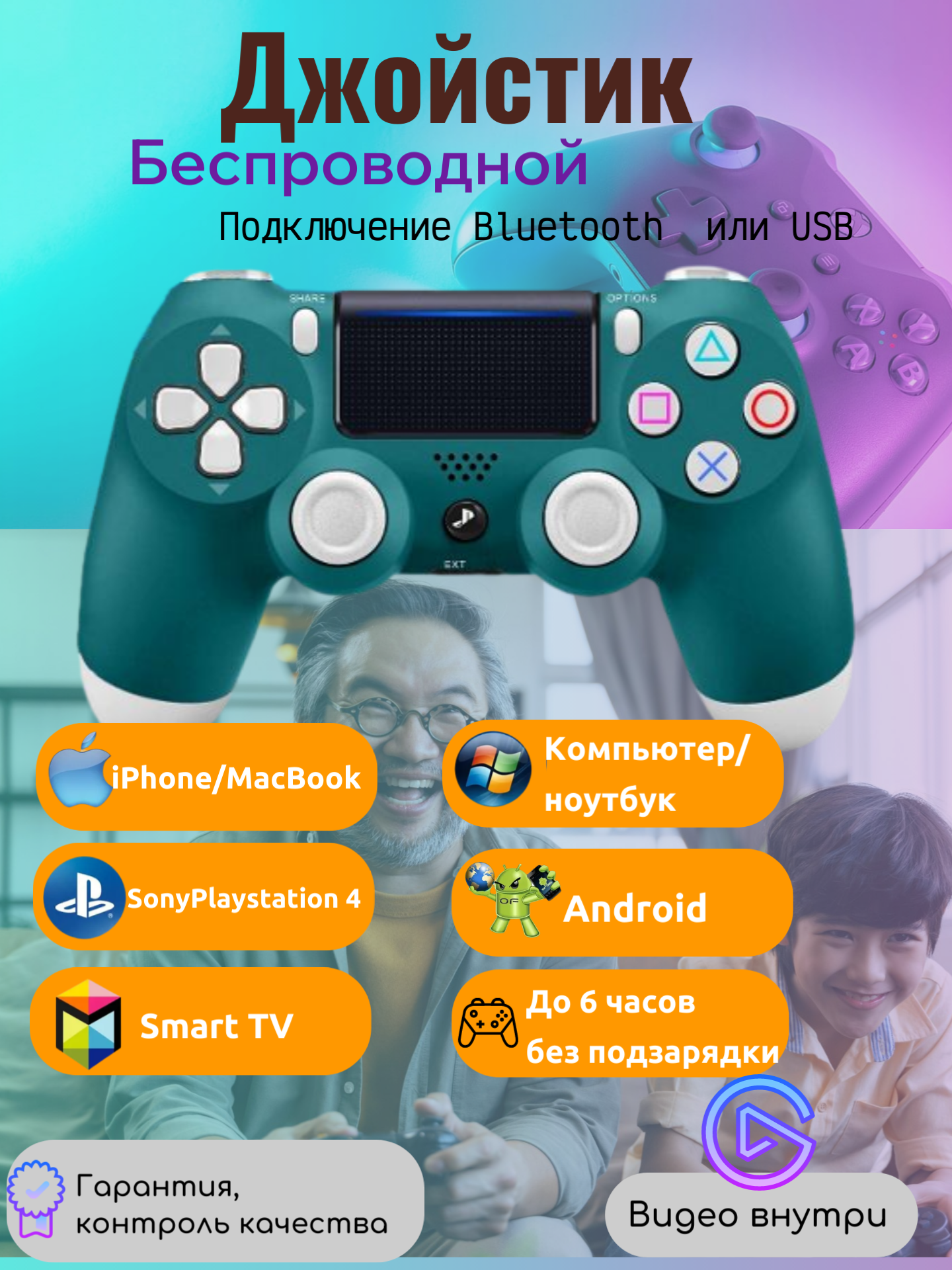 Беспроводной геймпад для PS4 / Джойстик Bluetooth для Playstation 4, Apple (IPhone, IPad), Androind, ПК