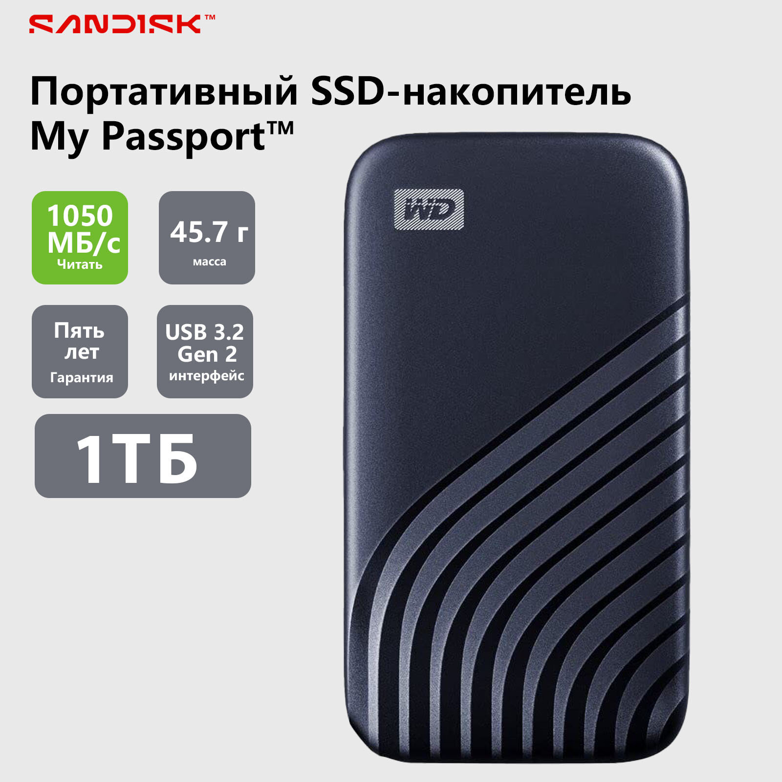 Мобильный твердотельный накопитель Western Digital My Passport PSSD 1 ТБ, синий, 1050MB/s，Интерфейс Type-C