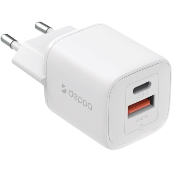 Сетевое зарядное устройство Deppa 20Вт, USB-C + USB-A, PD 3.0, QC 4.0+, GaN, белый (11490)