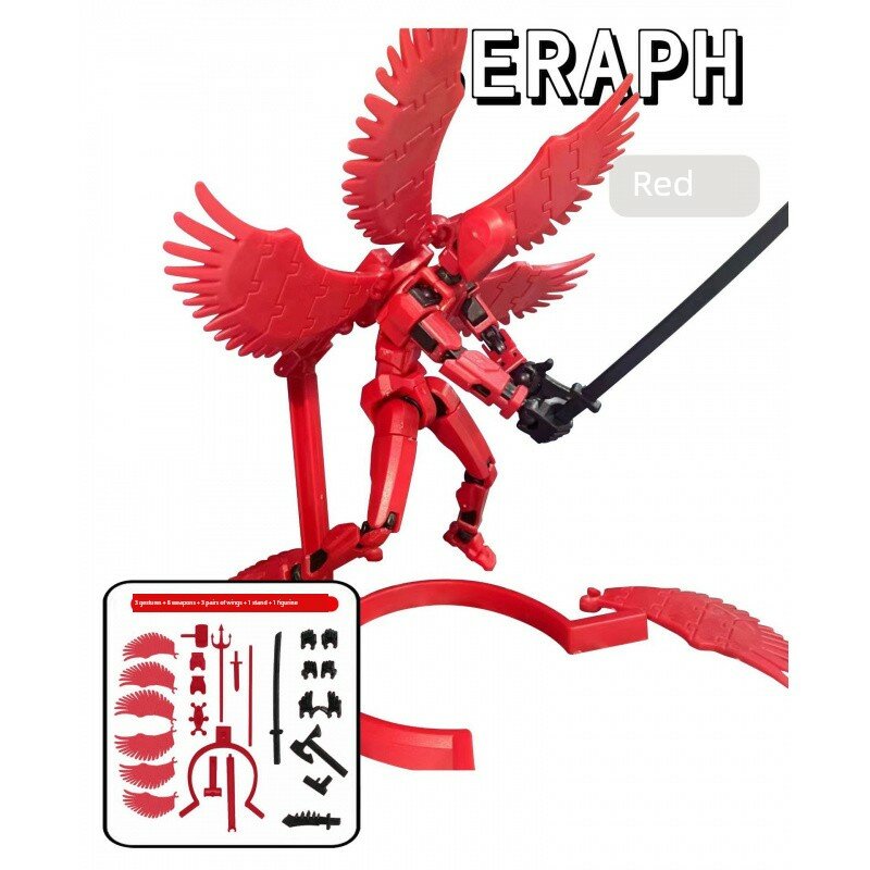 Черно-красная фигурка ангела с 6 крыльями, 8 оружием, подставкой, 3-суставным движением, игрушкой для снятия стресса