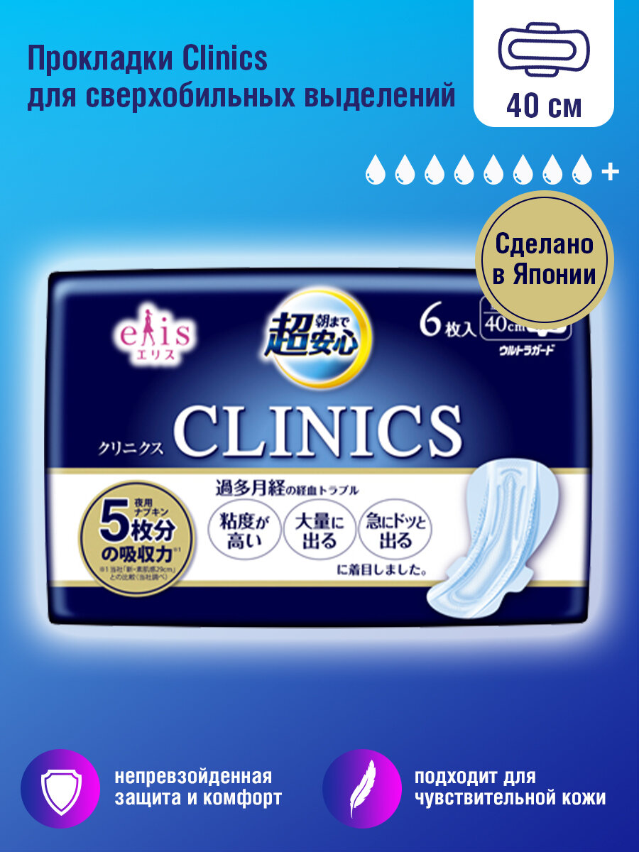 Женские прокладки Elis. Clinics при гиперменореи, 8+ капель, 40 см, 6 шт