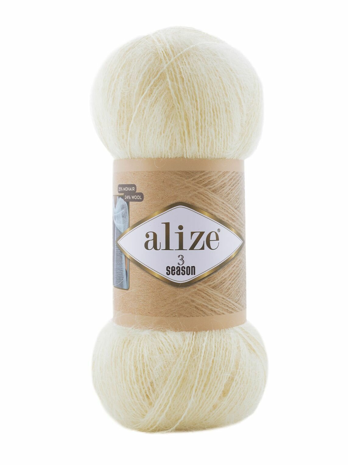 Пряжа 3 SEASON Alize, кремовый - 62, 51% акрил, 25% мохер, 24% шерсть, 5 мотков, 100 г, 500 м.