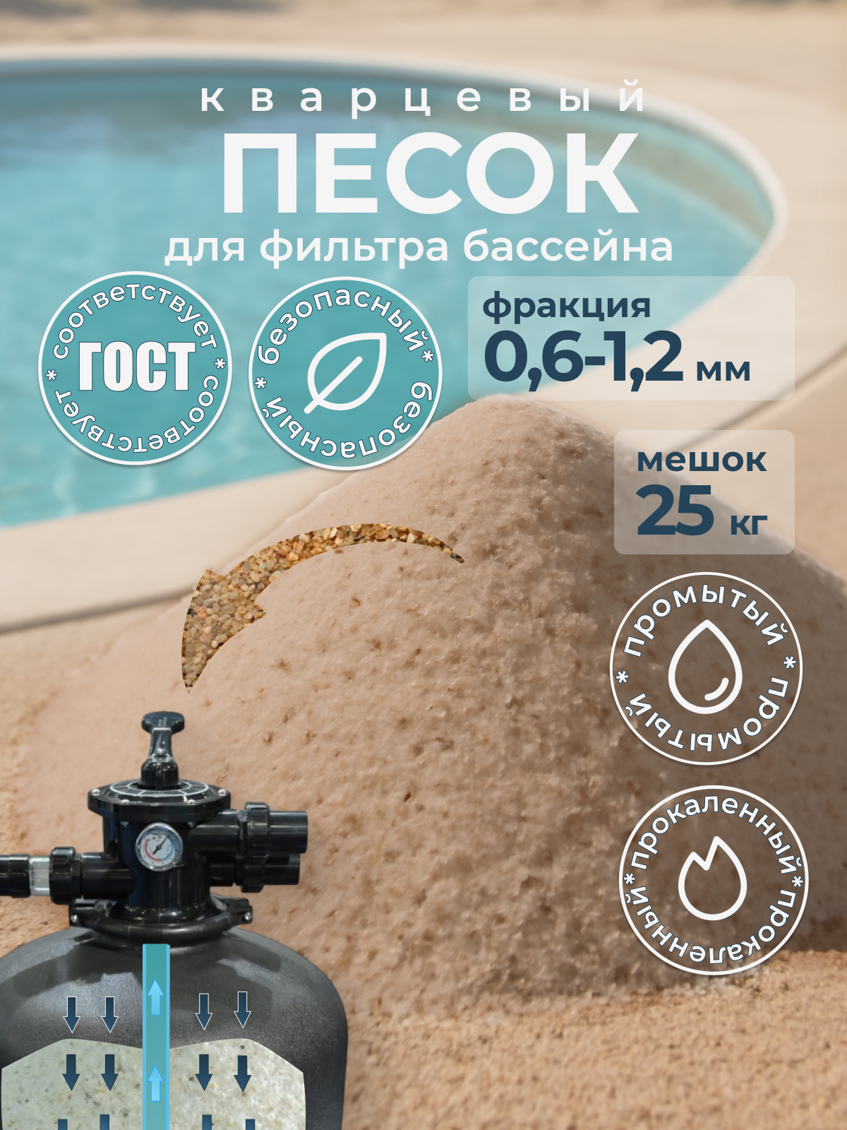 Кварцевый песок 25 кг, фракция 0.6-1.2 мм для фильтра бассейна
