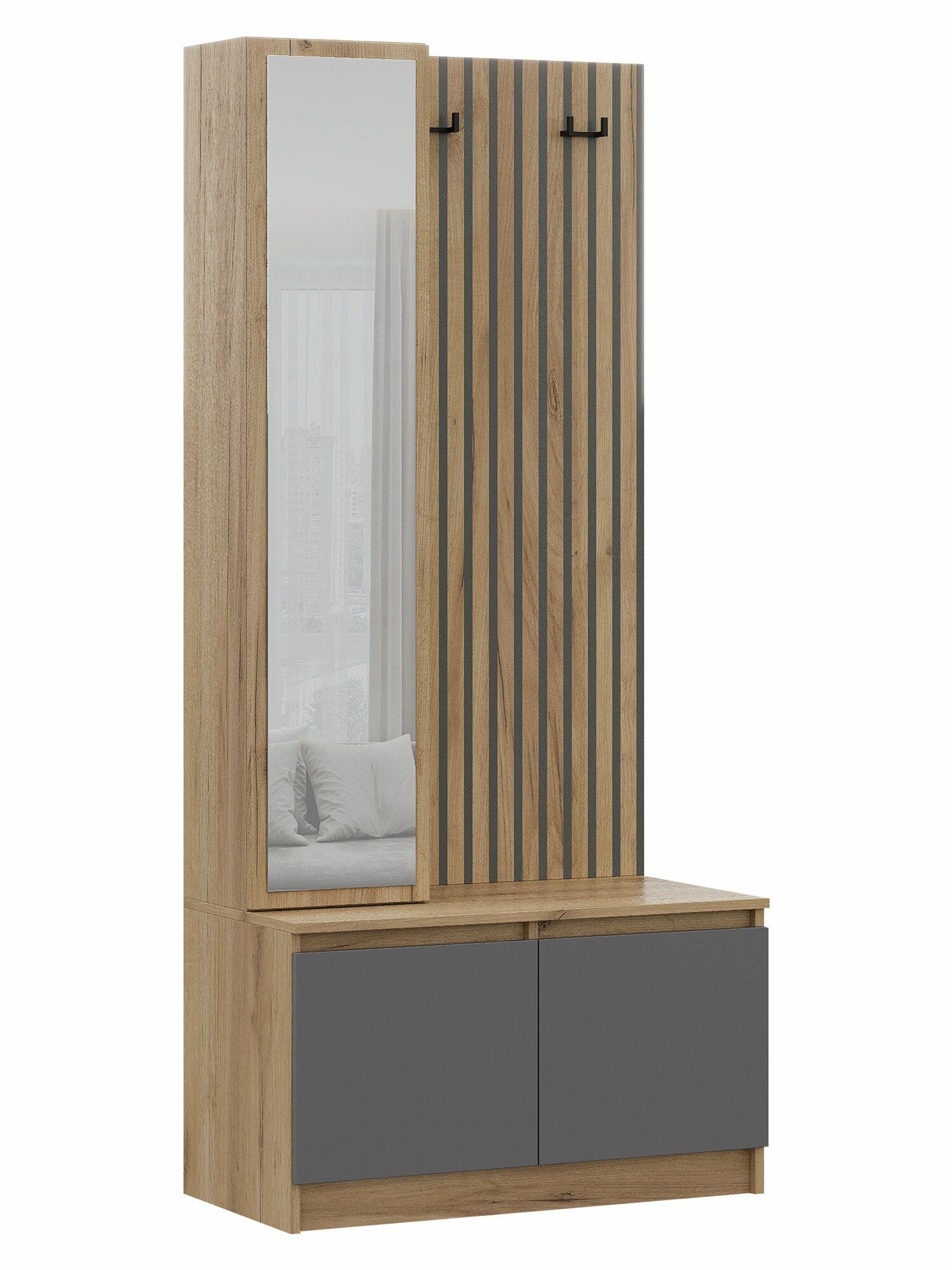 Прихожая комплект Бостон Лайт с вешалкой, с полками, с зеркалом, 80х41.5х176 см, Дуб Крафт золотой / Серый шифер