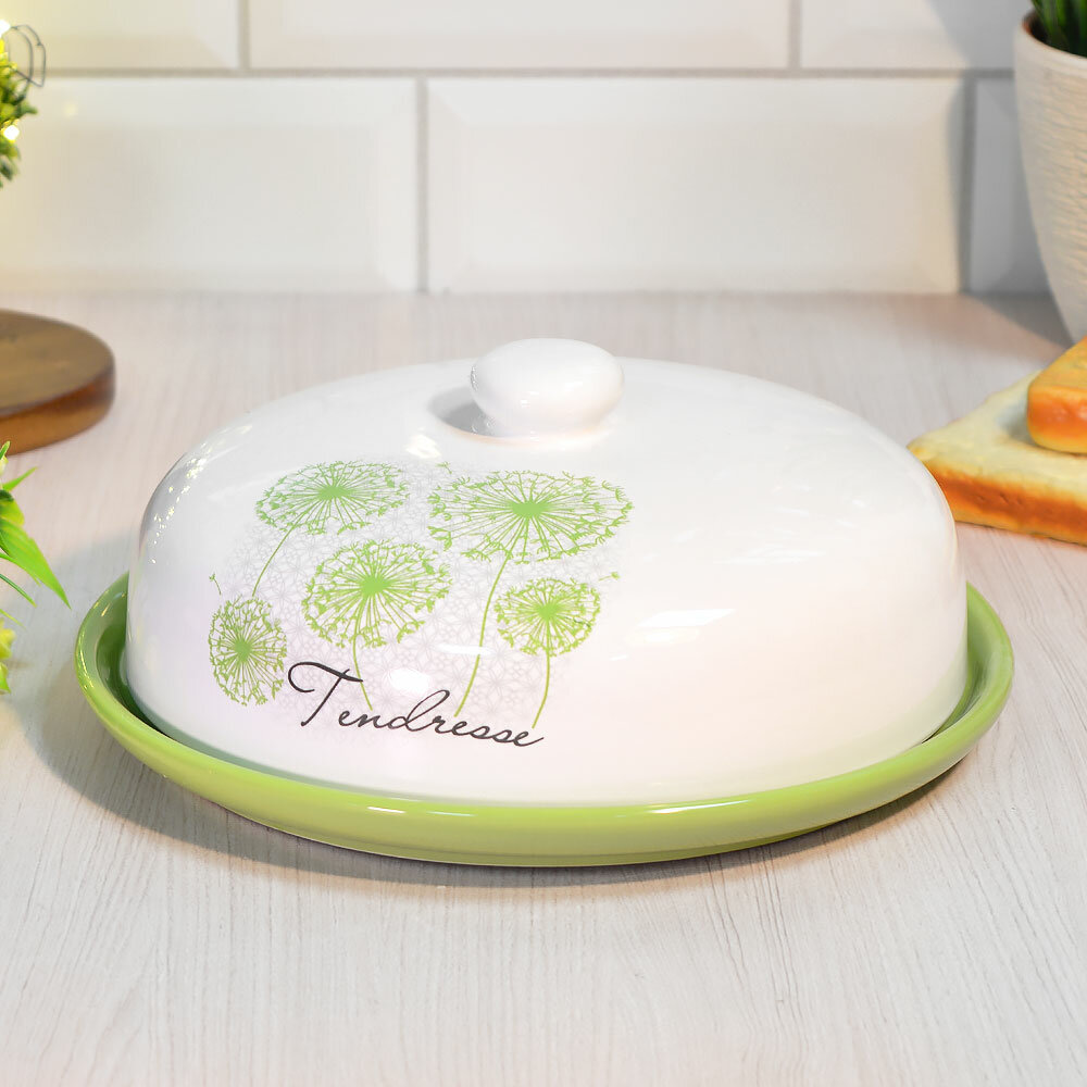 Блюдо для блинов "Нежность" 23см, керамика, с крышкой, светло-зеленое, для подачи и сохранения тепла