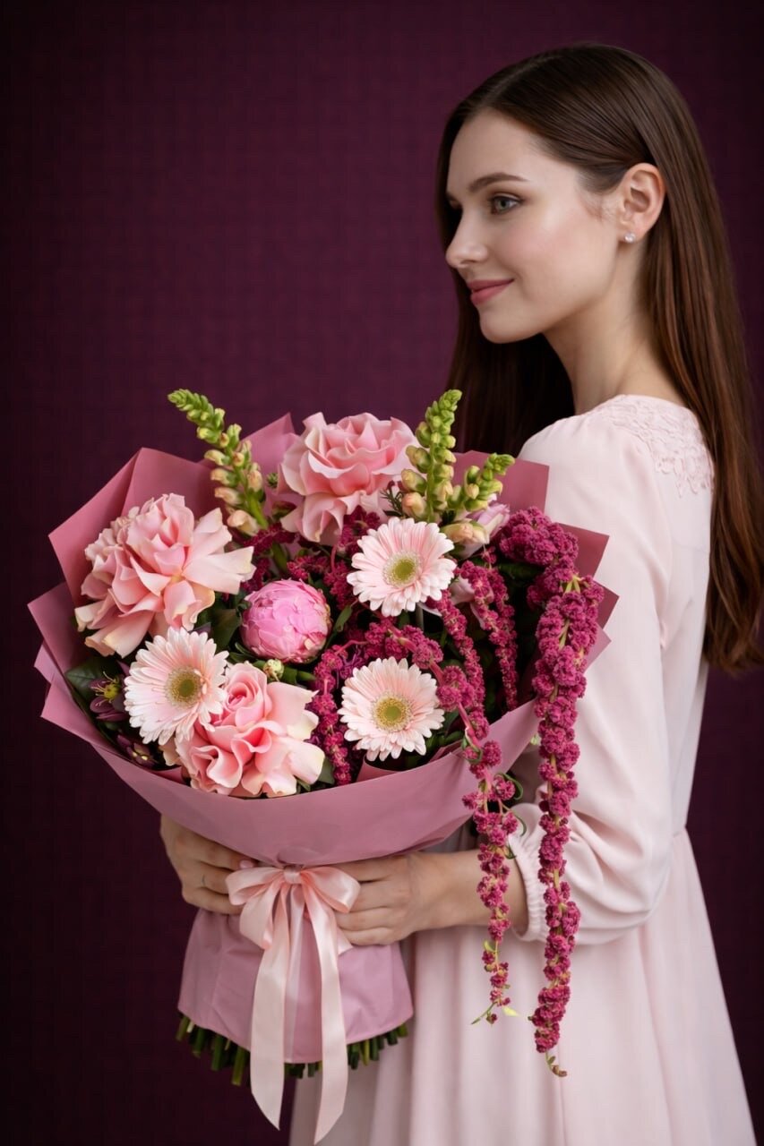 Сборный букет "Романтический вечер" с амарантом, розами и герберами