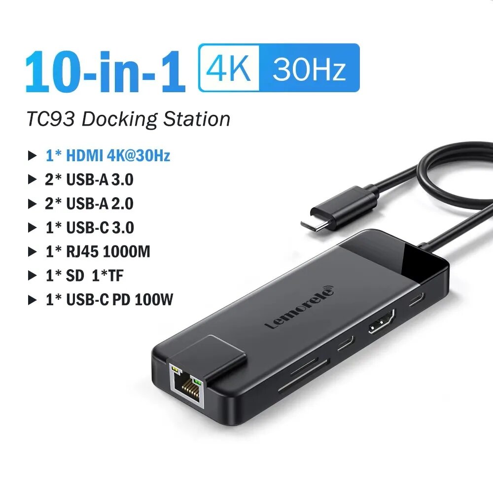 Lemorele Док-станция USB-C 10-в-1 4K 30Hz, RJ45 1000M, SD, TF,