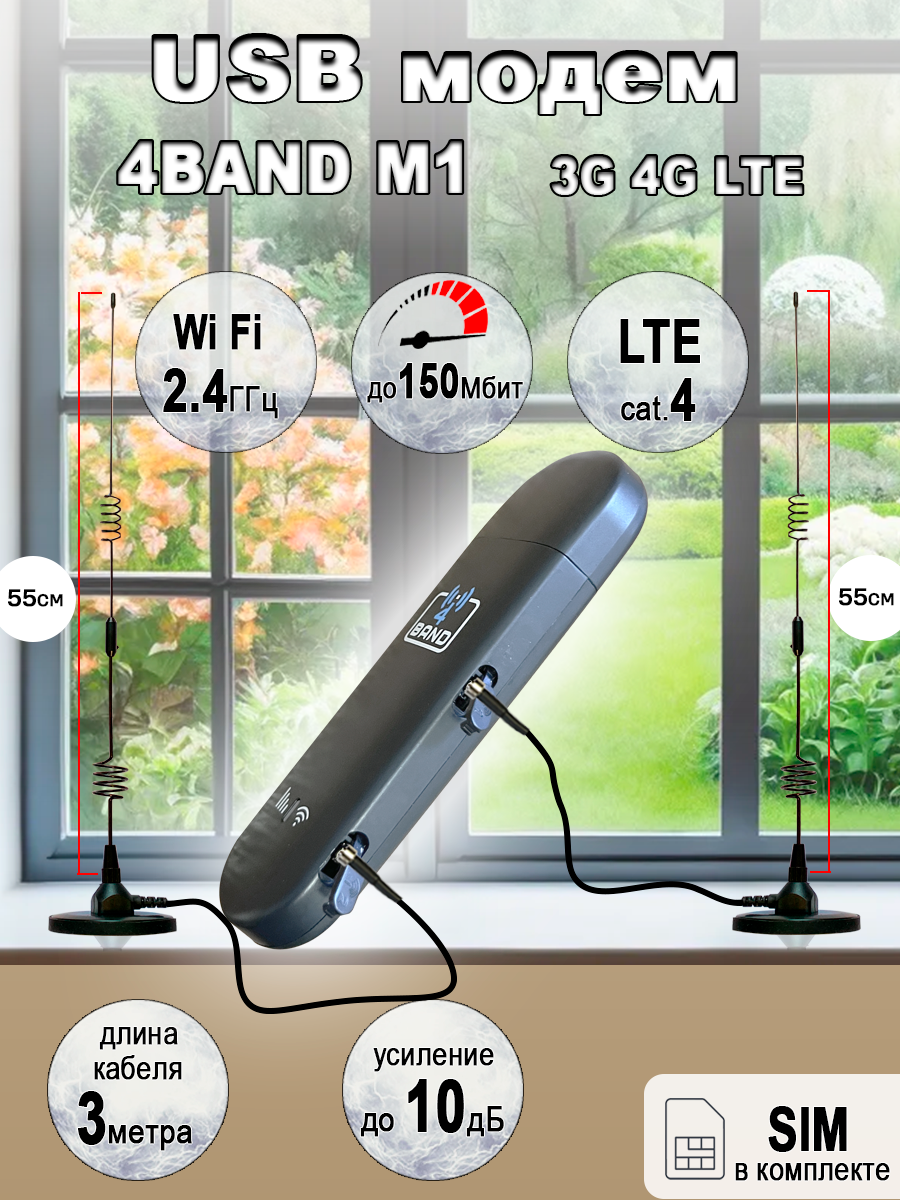 Модем 4G M1 USB + Wi-Fi любая сим с выносными антеннами 55см