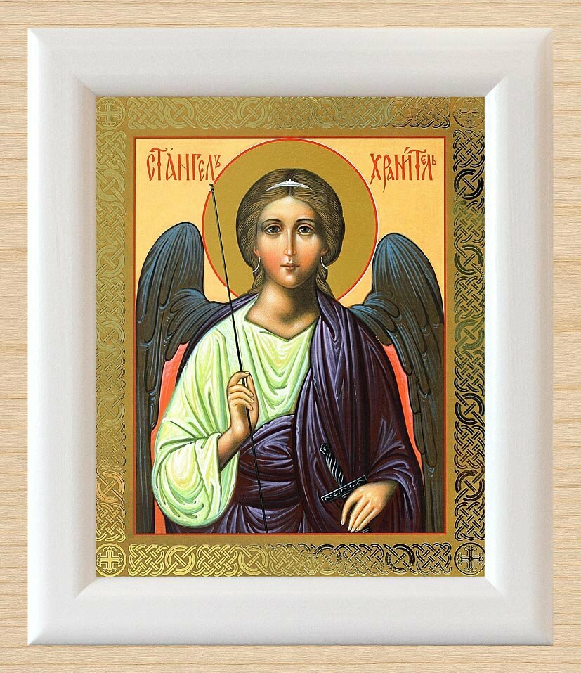 Ангел Хранитель (лик № 005), икона в широкой белой деревянной рамке 19*22,5 см