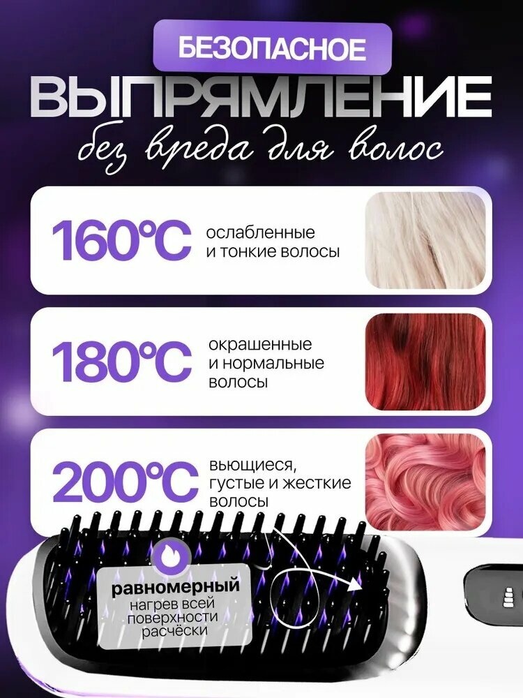 Выпрямитель для волос, беспроводная расческа для выпрямления волос с несколькими температурными режимами — фото 1