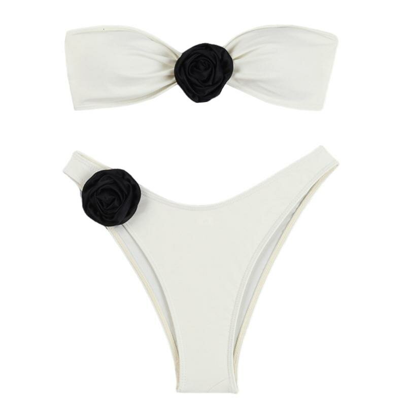 Женский двухкомпонентный купальник с 3D-цветами, Белый черный цветок - M