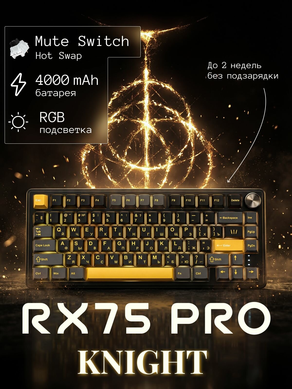 CyberLynx Игровая клавиатура беспроводная RX75 Pro, (Mute), Русская раскладка, черная, желтая