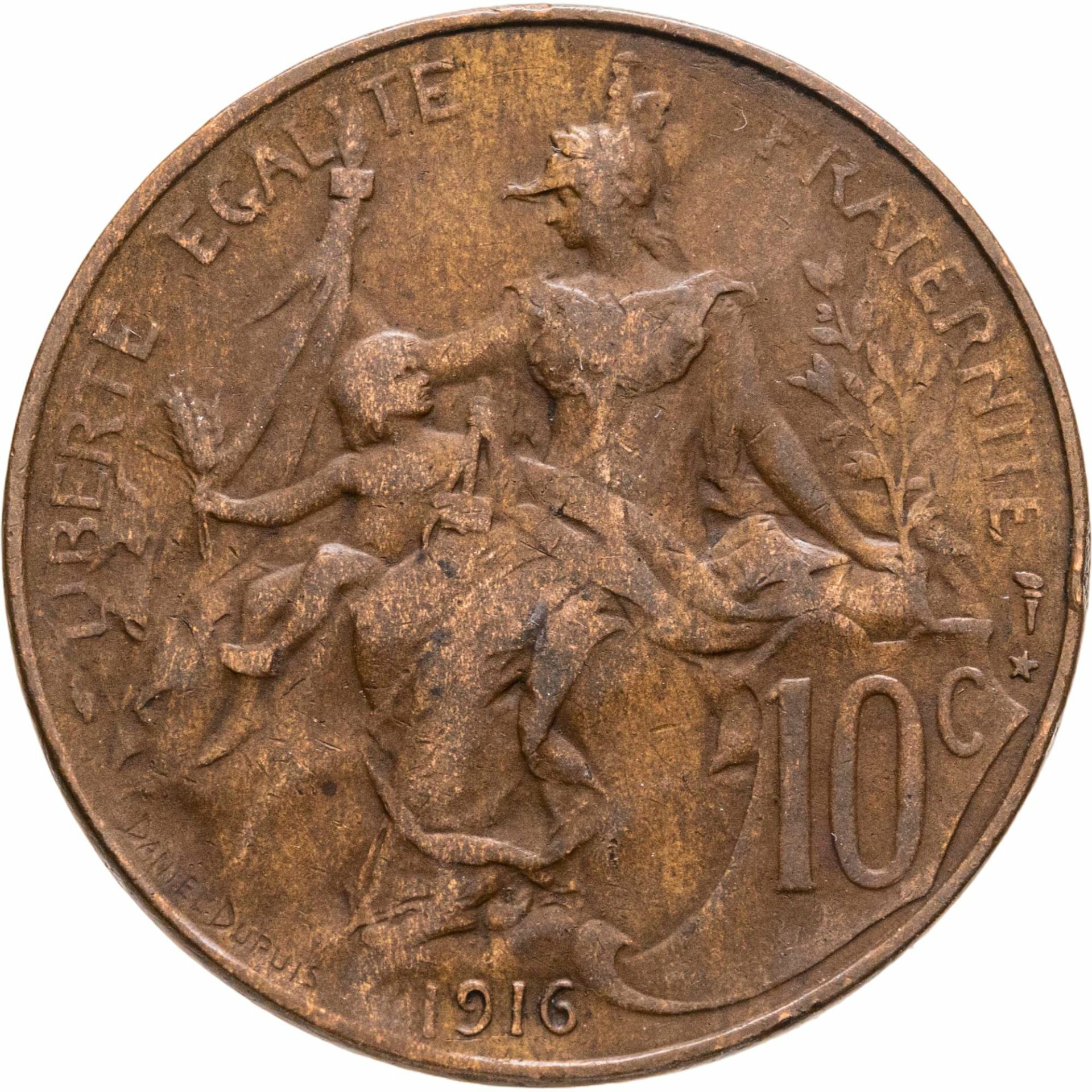 Франция 10 сантимов centimes 1916, знак монетного двора: " - Мадрид, Бронза, в сохранности VF