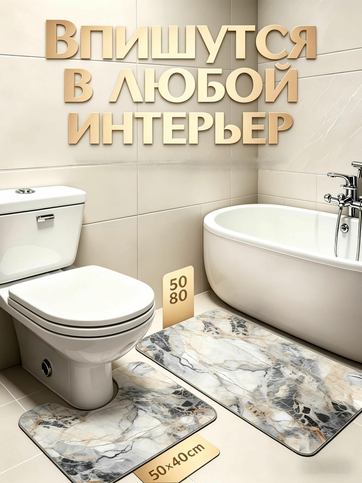 Коврики для ванной и туалета 50х80 см и 50х40 см, набор ковриков коричневый