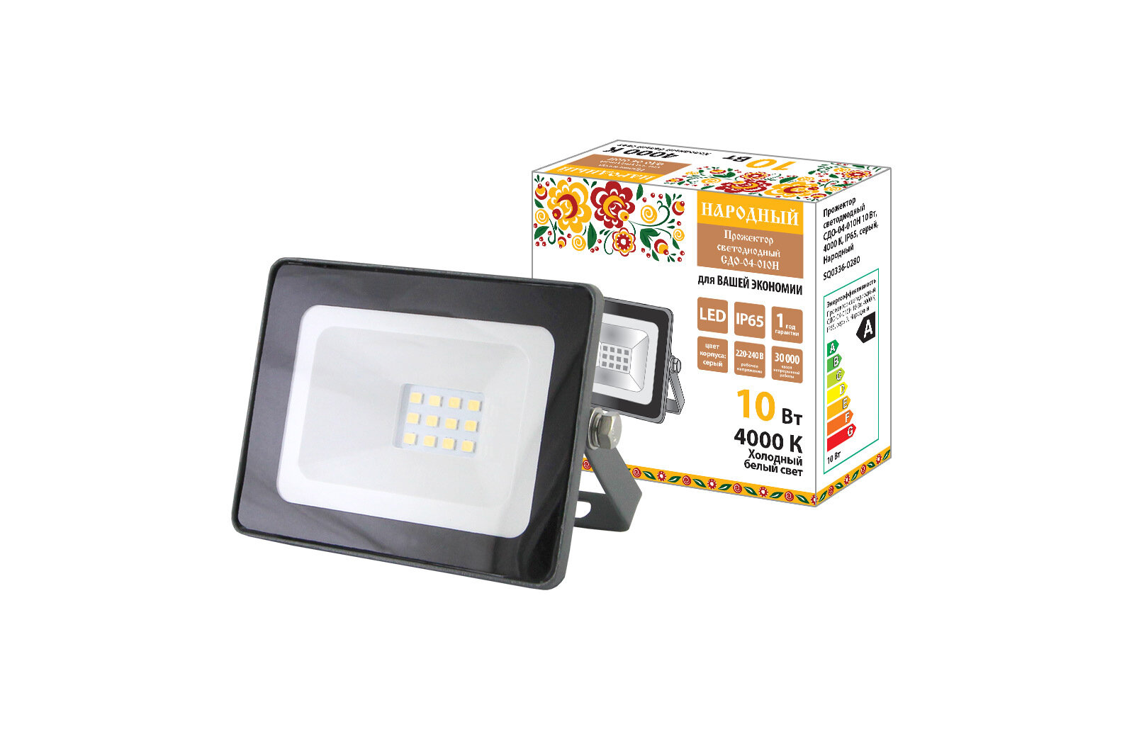 Прожектор LED 10Вт 4000К СДО-04-010Н IP65, серый, Народный TDM SQ0336-0280