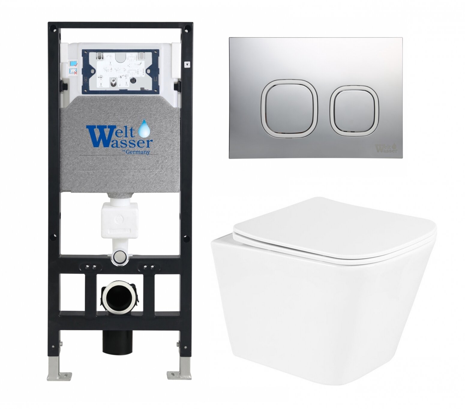Комплект 3 в 1 инсталляция WeltWasser WW Amberg 506 10000005662 + Унитаз подвесной BelBagno Due BB3103CHR/SC + кнопка хром